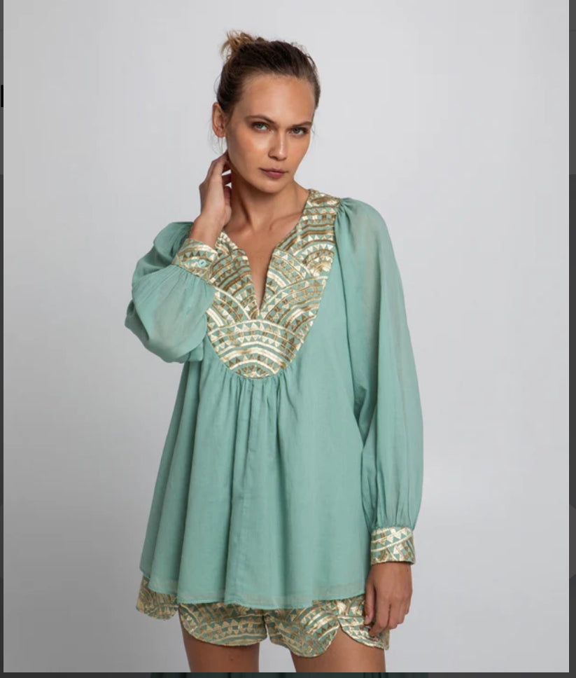 GREEK ARCHAIC KORI 25- COTTON GEO CURVE BLOUSE- SEA GREEN/GOLD – House ...