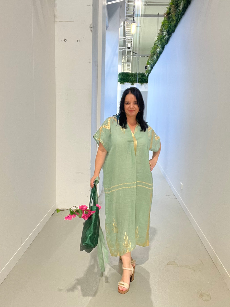 GREEK ARCHAIC KORI- ROOTS KAFTAN - SEA GREEN/GOLD – House of Nicholetta