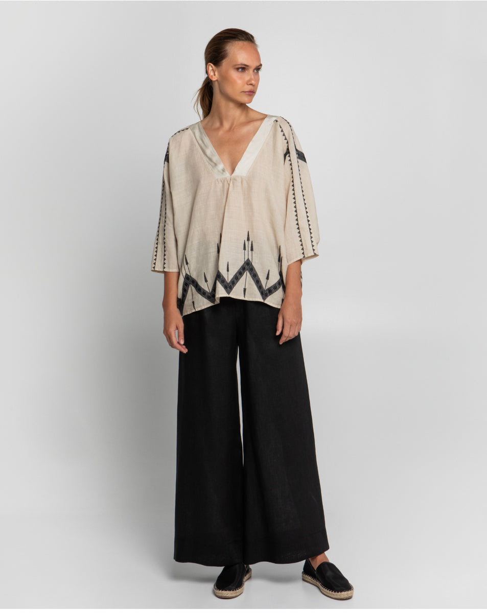 GREEK ARCHAIC KORI 25- ROOTS V NECK TUNIC BLOUSE - BEIGE BLACK – House ...